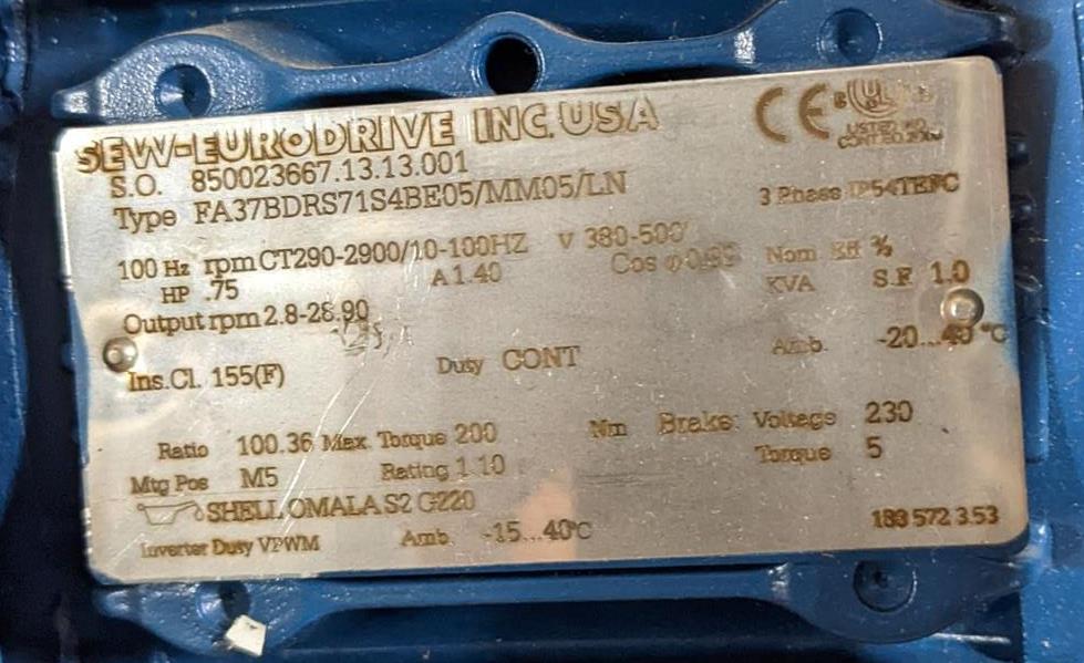 SEW Eurodrive Gear Motor 0.75 HP 3 Phase 100Hz 380-500V ...